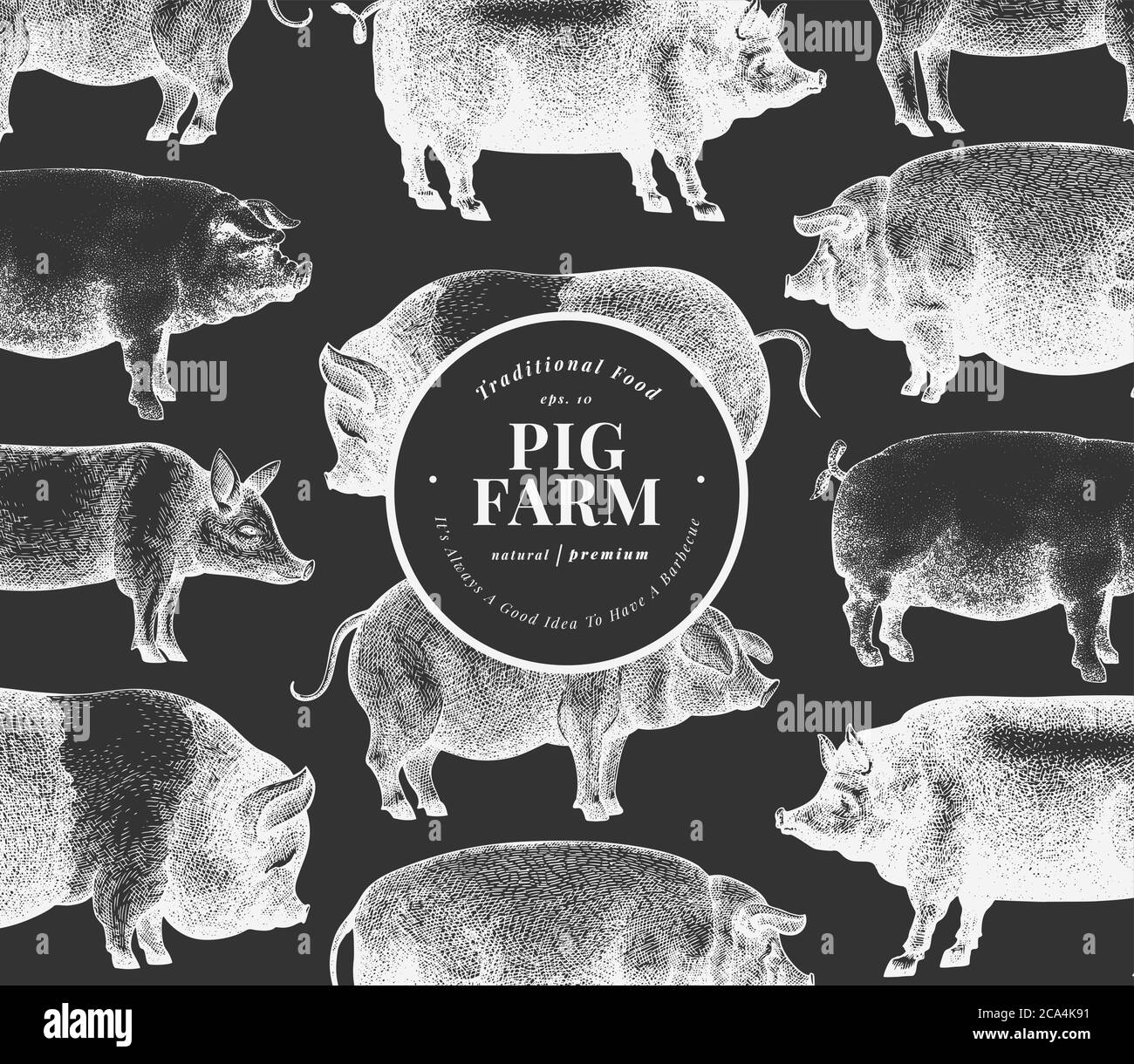 Hand drawn farm animals background. Vector pig design template. Retro ...