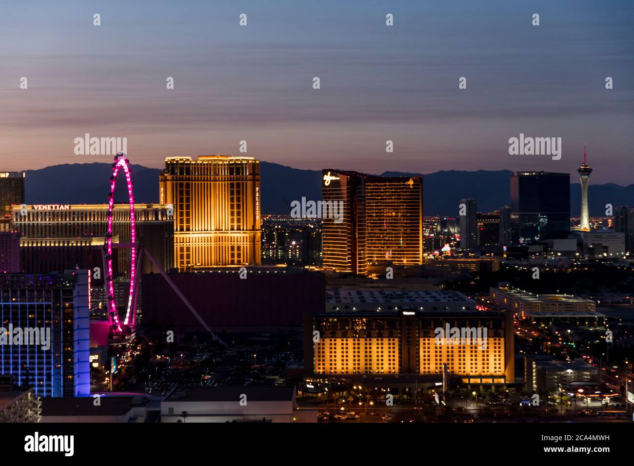 Elevated view of The Strip, Las Vegas, Nevada, USA. at night with ...