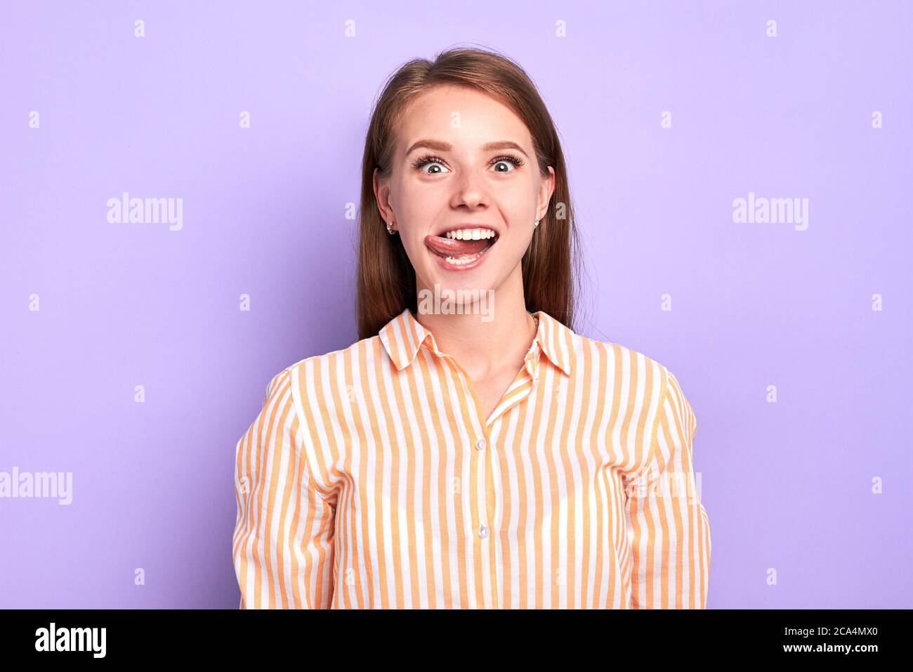 Isolated studio shot of funny cute actress came at casting, showing ...