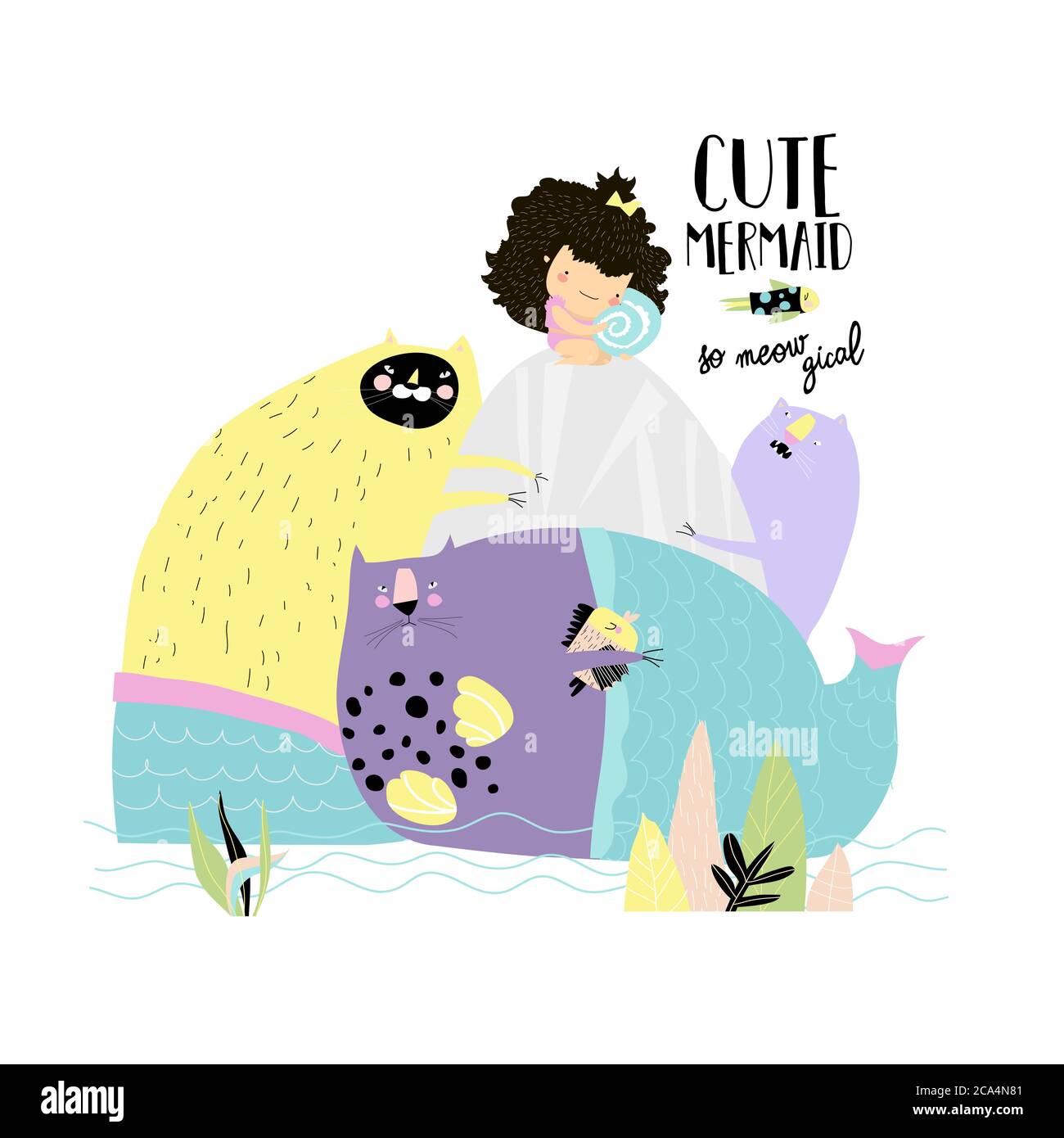 Cute girl with his beloved cats mermaids Stock Vector Image & Art - Alamy