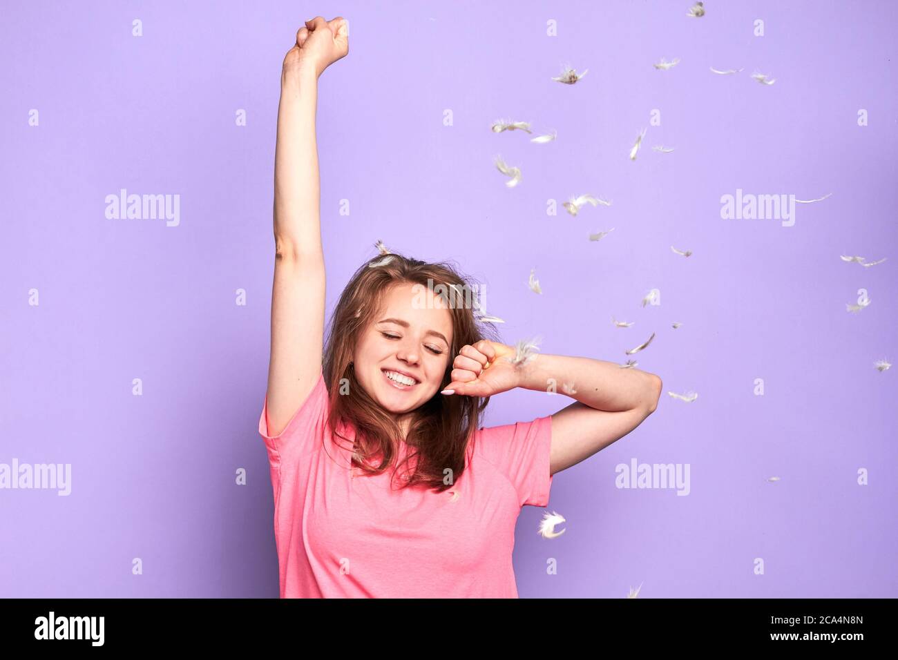 Happy good morning concept, weekend mood, cheerful cute girl gets up ...