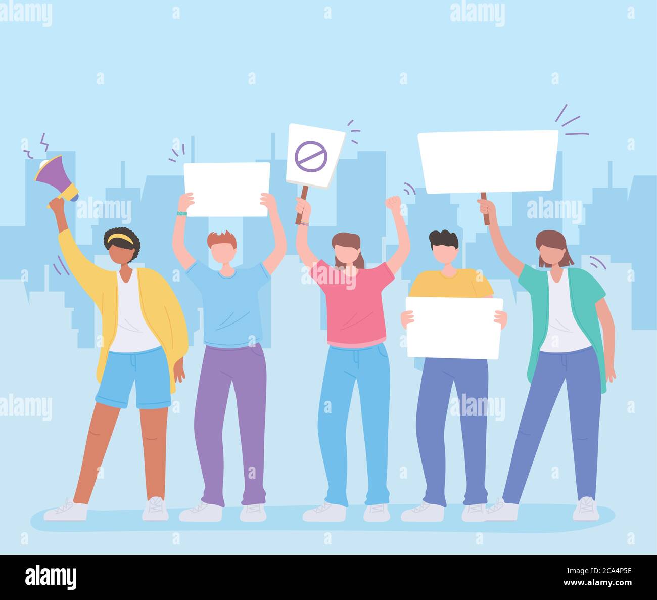 manifestation male and female protesters or activists with megaphone ...