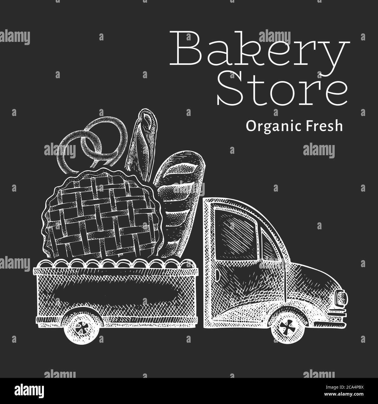 Bakery delivery logo template. Hand drawn vector truck with bread ...