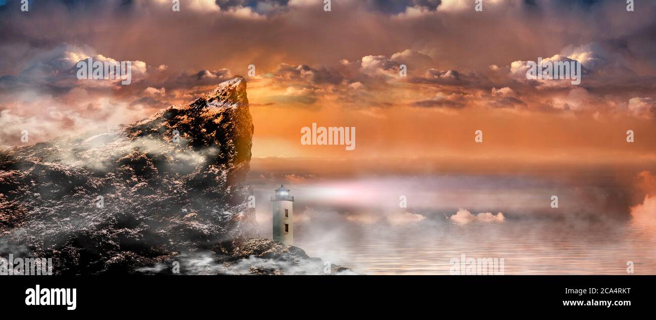 Lighthouse under huge rock cliff with storm clouds Stock Photo - Alamy