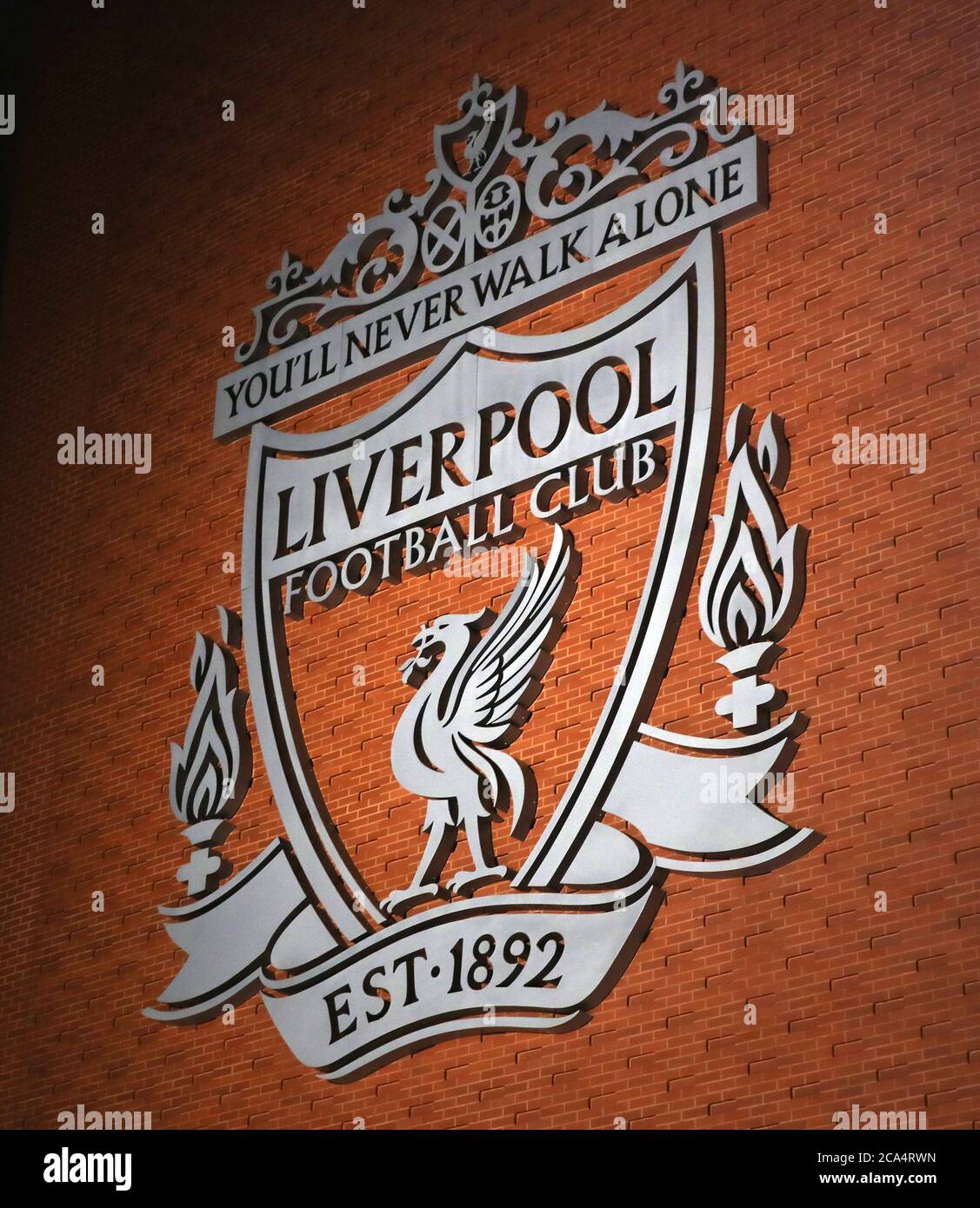Liverpool club crest outside Anfield Stock Photo - Alamy