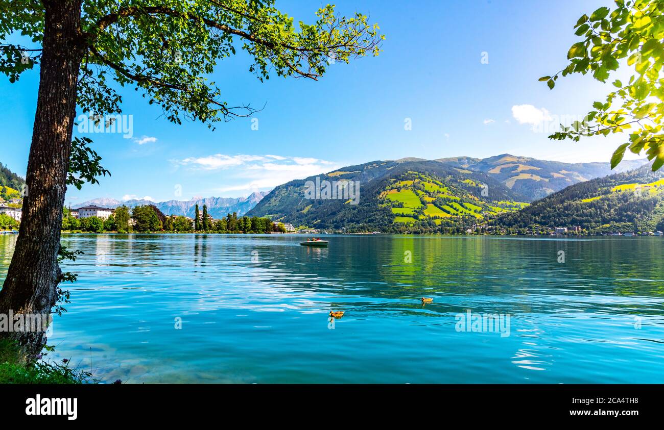 Lake Zell, German: Zeller See, and mountains on the backround. Zell am ...