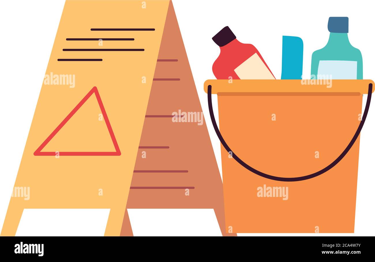 Cleaning utensils in bucket on white background vector illustration ...