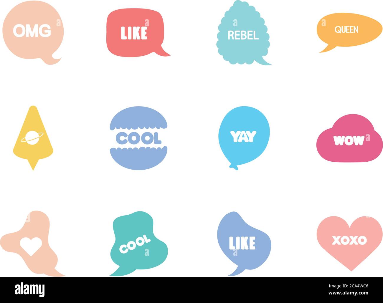 icon set of slang bubbles and heart over white background, line fill ...