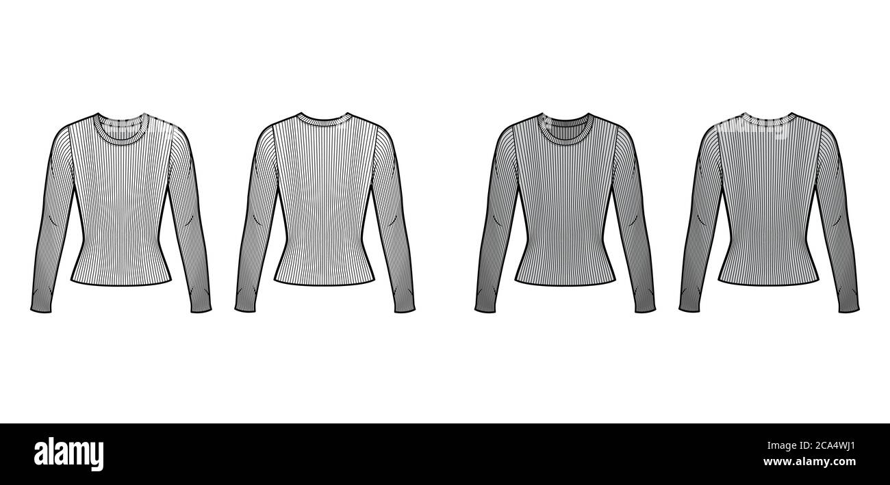 Ribbed crew neck knit sweater technical fashion illustration with long ...