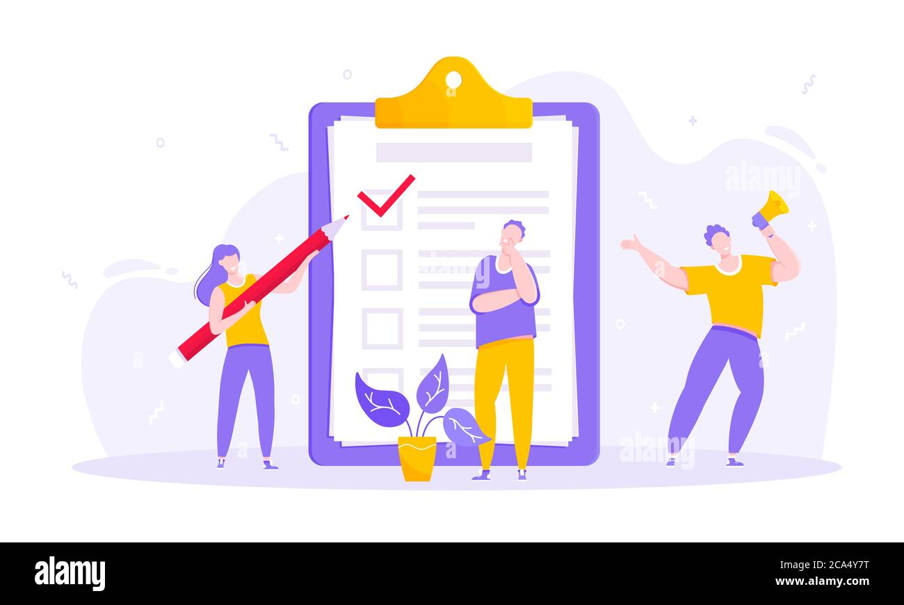 Task done business concept tiny people with megaphone, pencil nearby ...