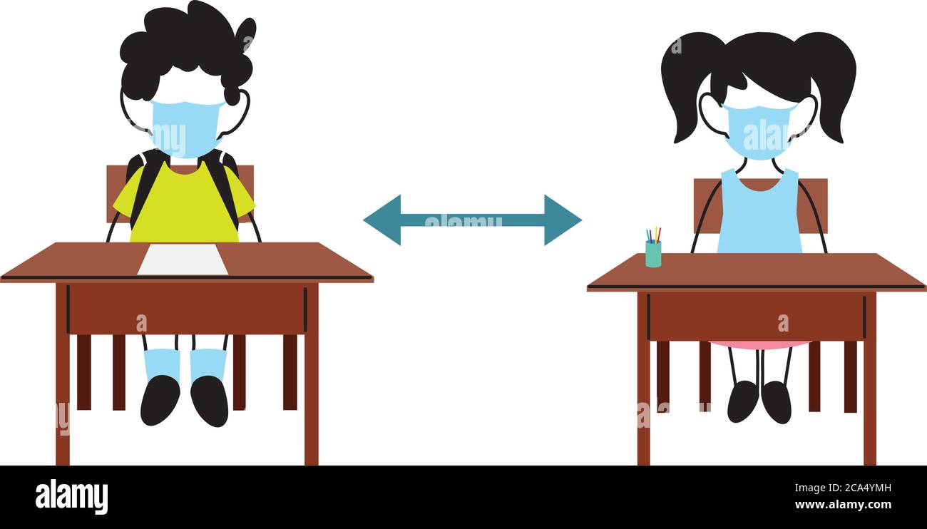 children keeping social distance in school classroom vector ...
