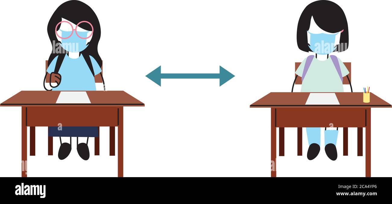 children keeping social distance in school classroom vector ...