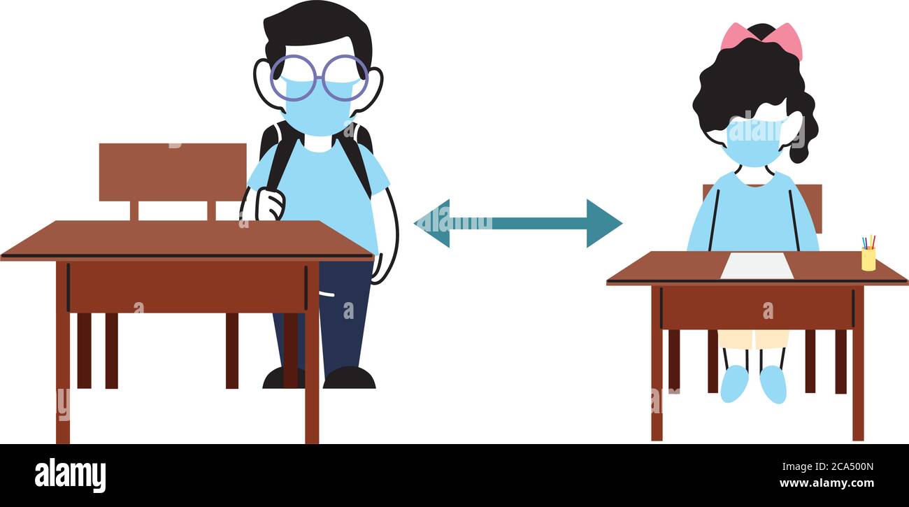 children keeping social distance in school classroom vector ...