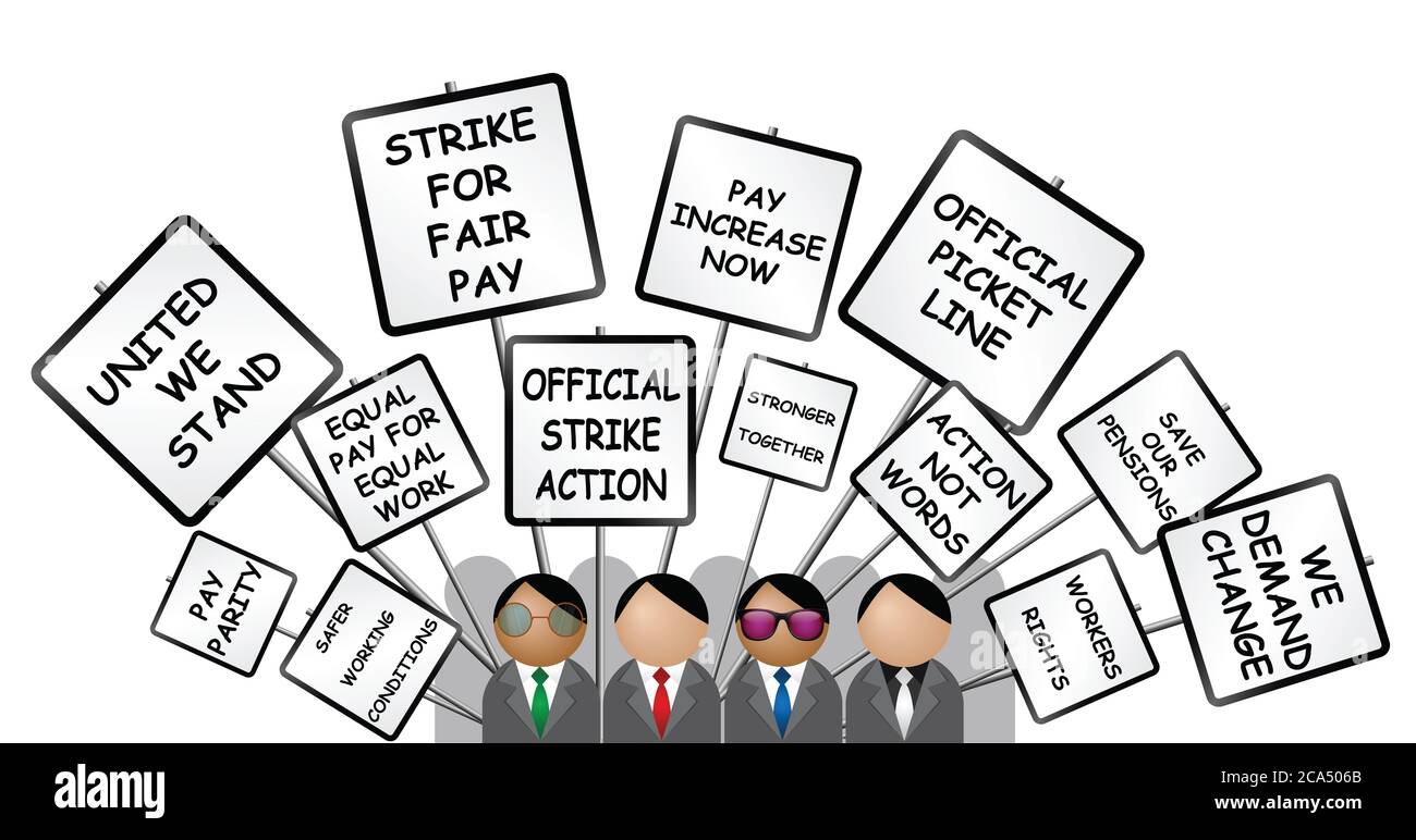 Workers on strike demonstrating with their demands on placards isolated ...