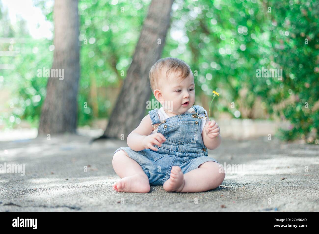 Baby girl playing in the backyard Stock Photo - Alamy