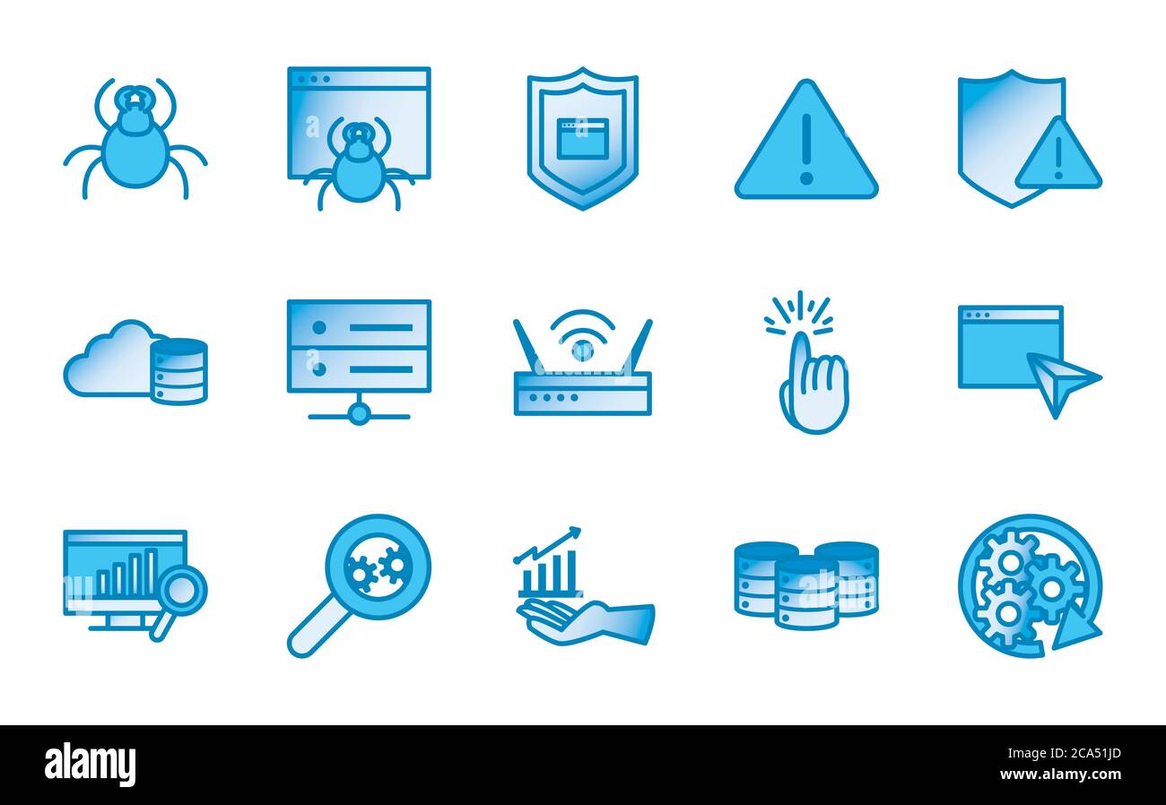 line and gradient style icon set design, Data center base security system hardware technology ...