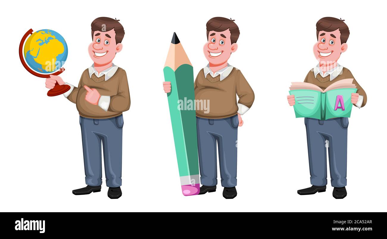 Back to school. Cheerful male teacher, set of three poses. Handsome ...