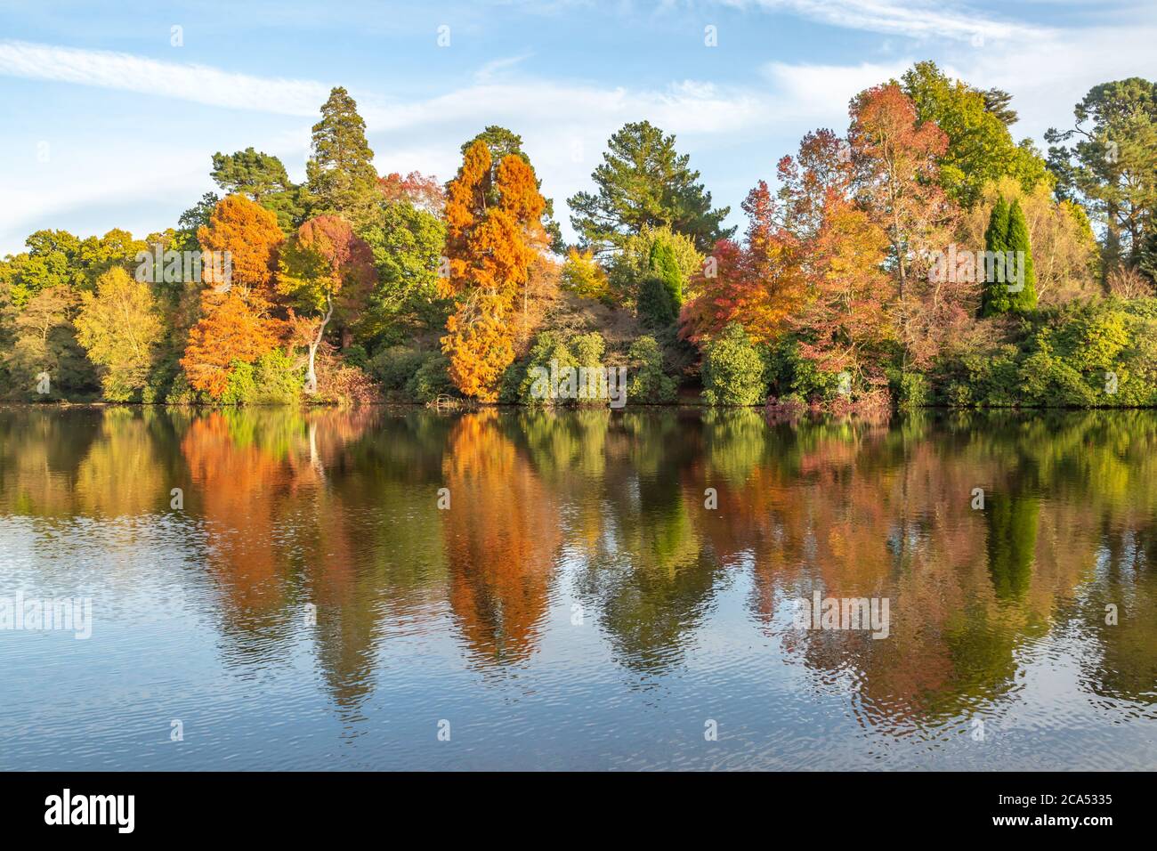 Colourful trees and their reflections in a lake, on a sunny autumn day ...