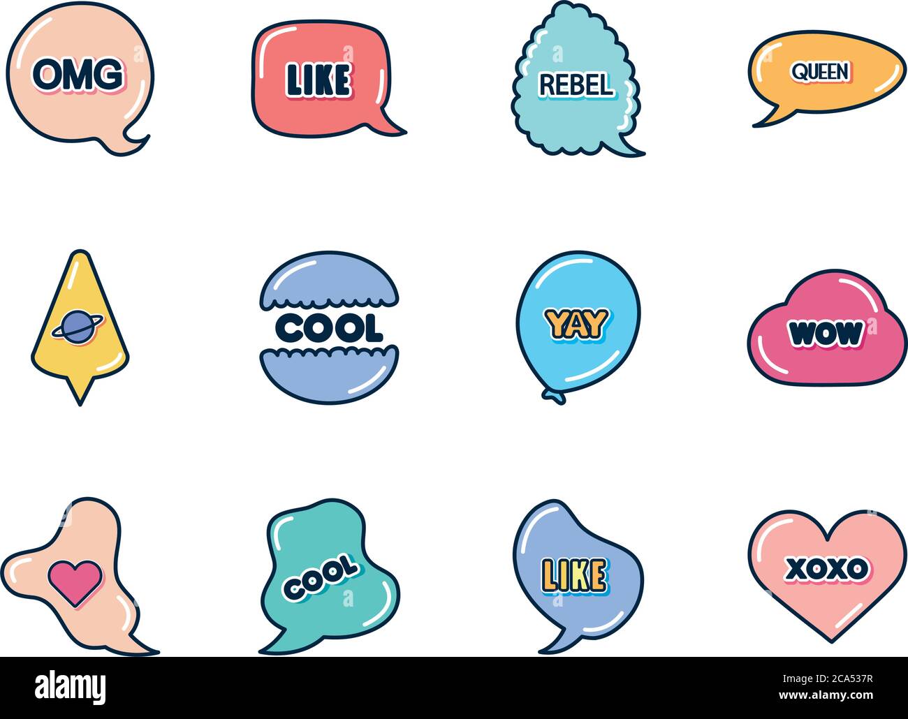 icon set of slang bubbles and heart over white background, flat style ...
