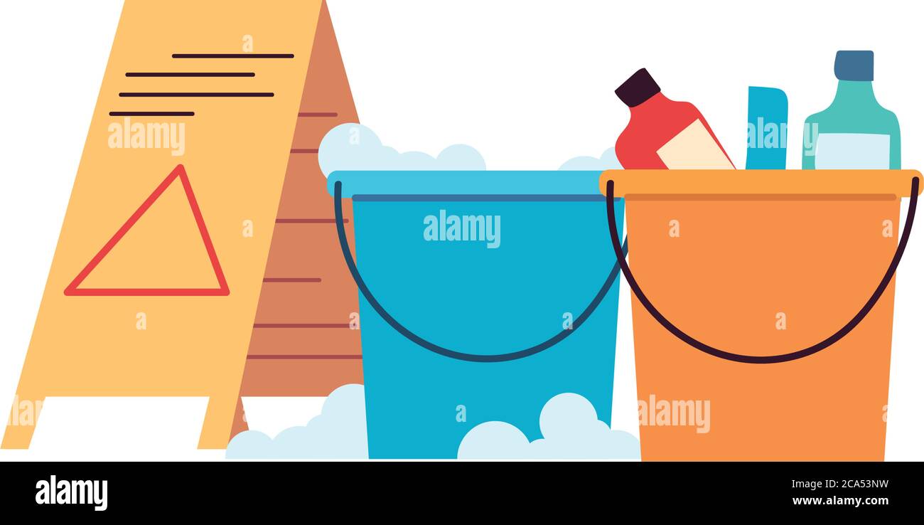 Cleaning utensils in bucket on white background vector illustration ...