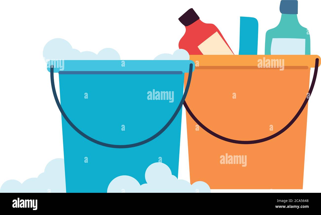 Cleaning utensils in bucket on white background vector illustration ...