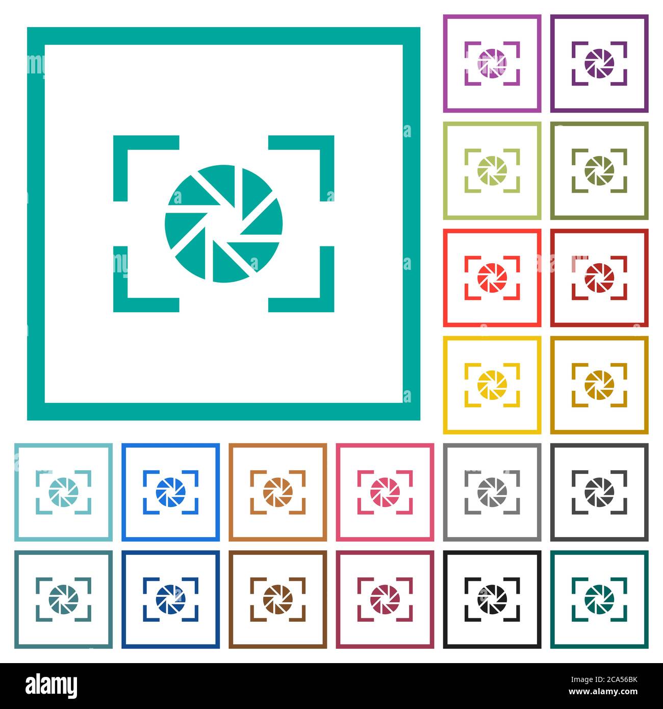 Camera aperture setting flat color icons with quadrant frames on white ...