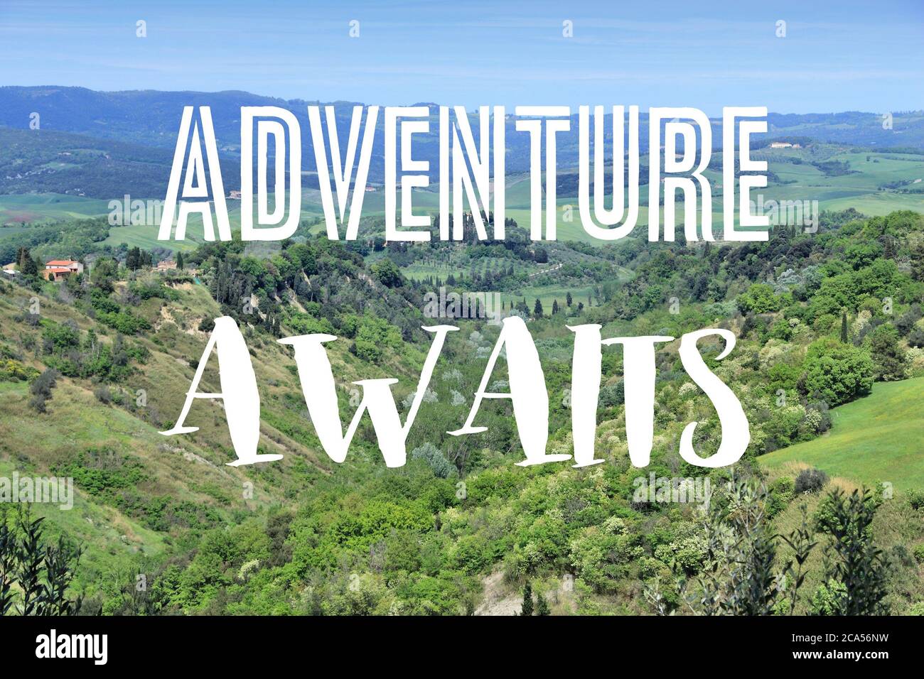 Adventure awaits - social media travel motivational poster Stock Photo ...