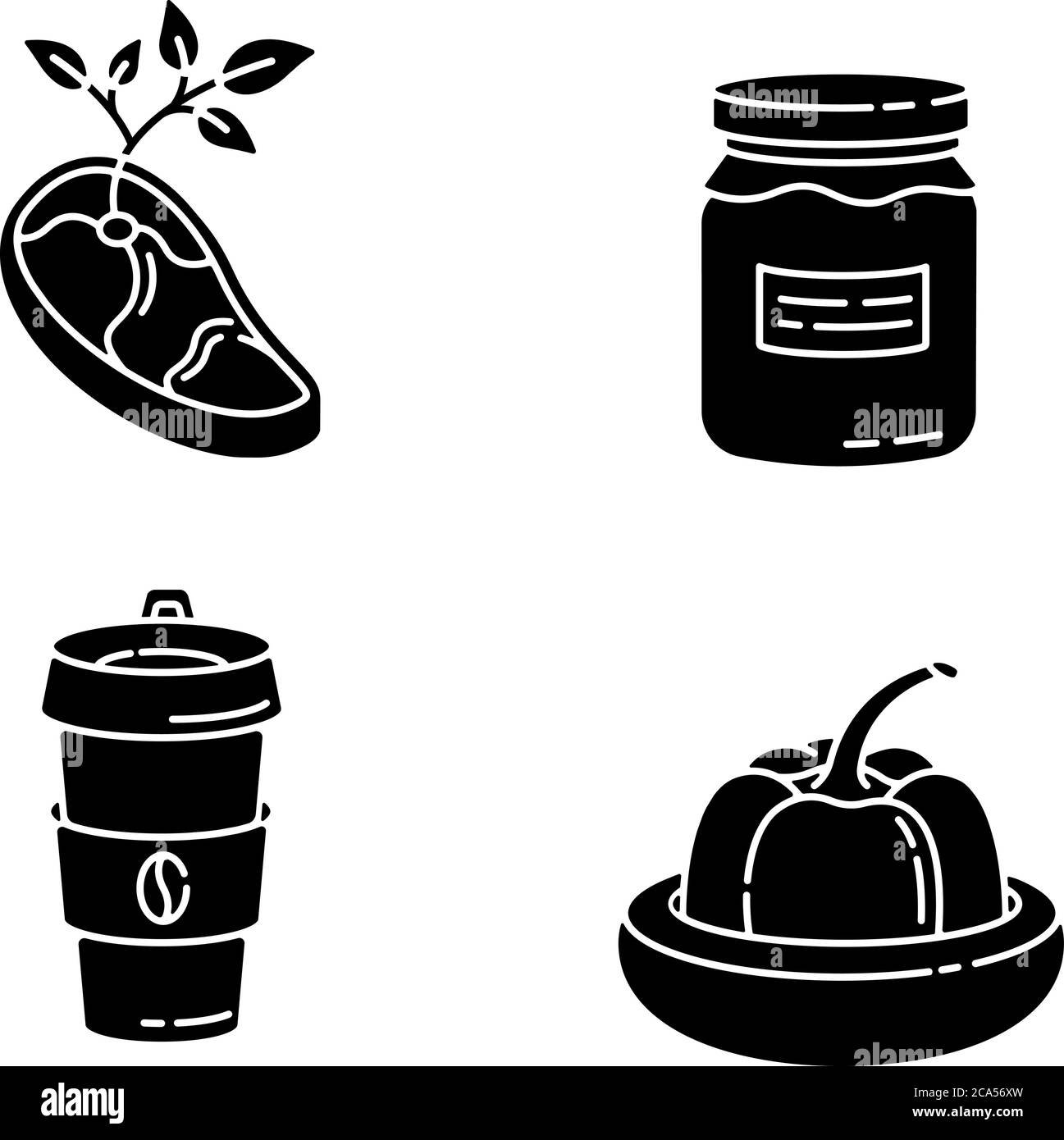 Zero waste food black glyph icons set on white space. Vegan meat, glass ...
