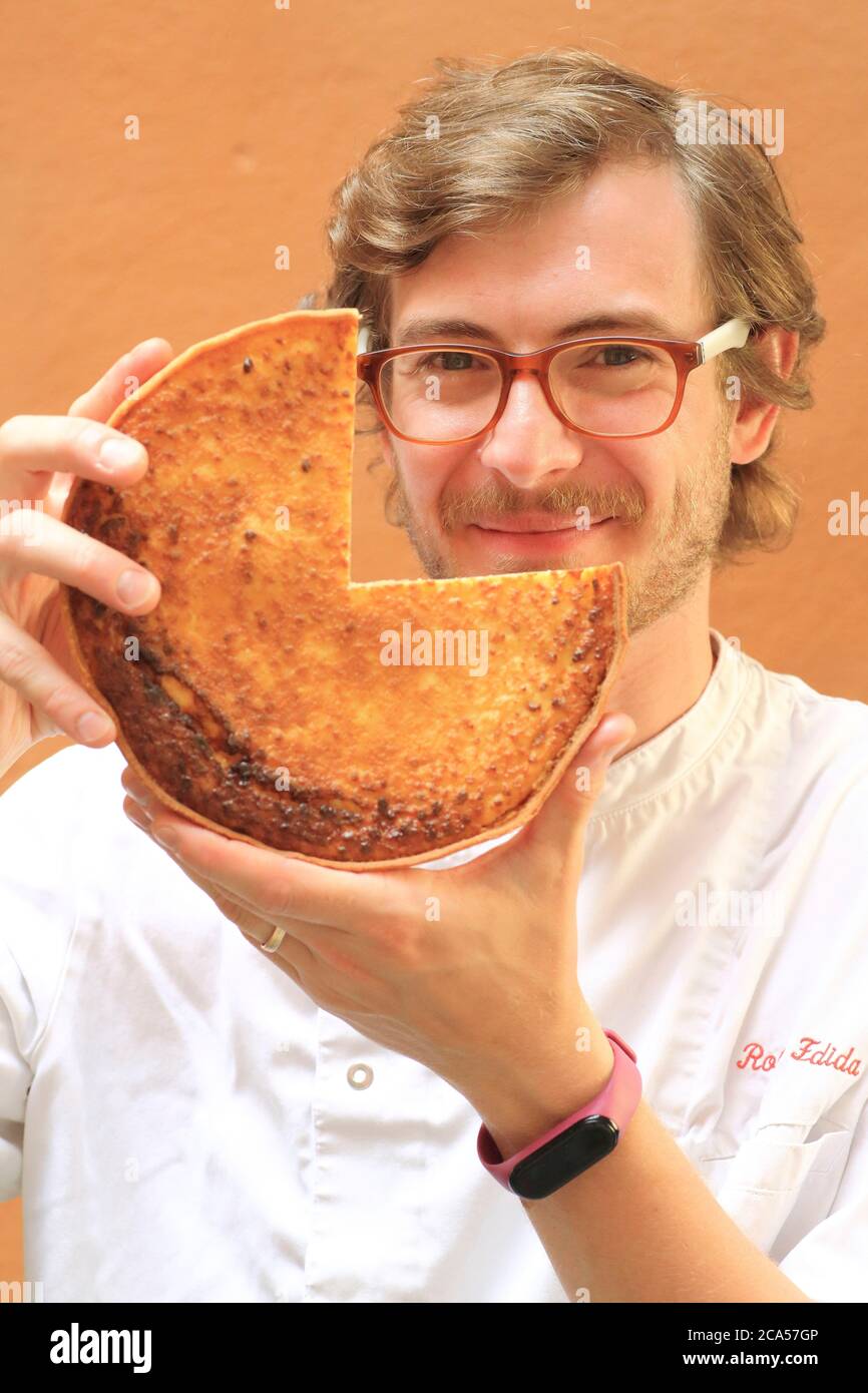 France, Aveyron, Millau, Cocoricook, the pastry chef Robin Fdida with a ...
