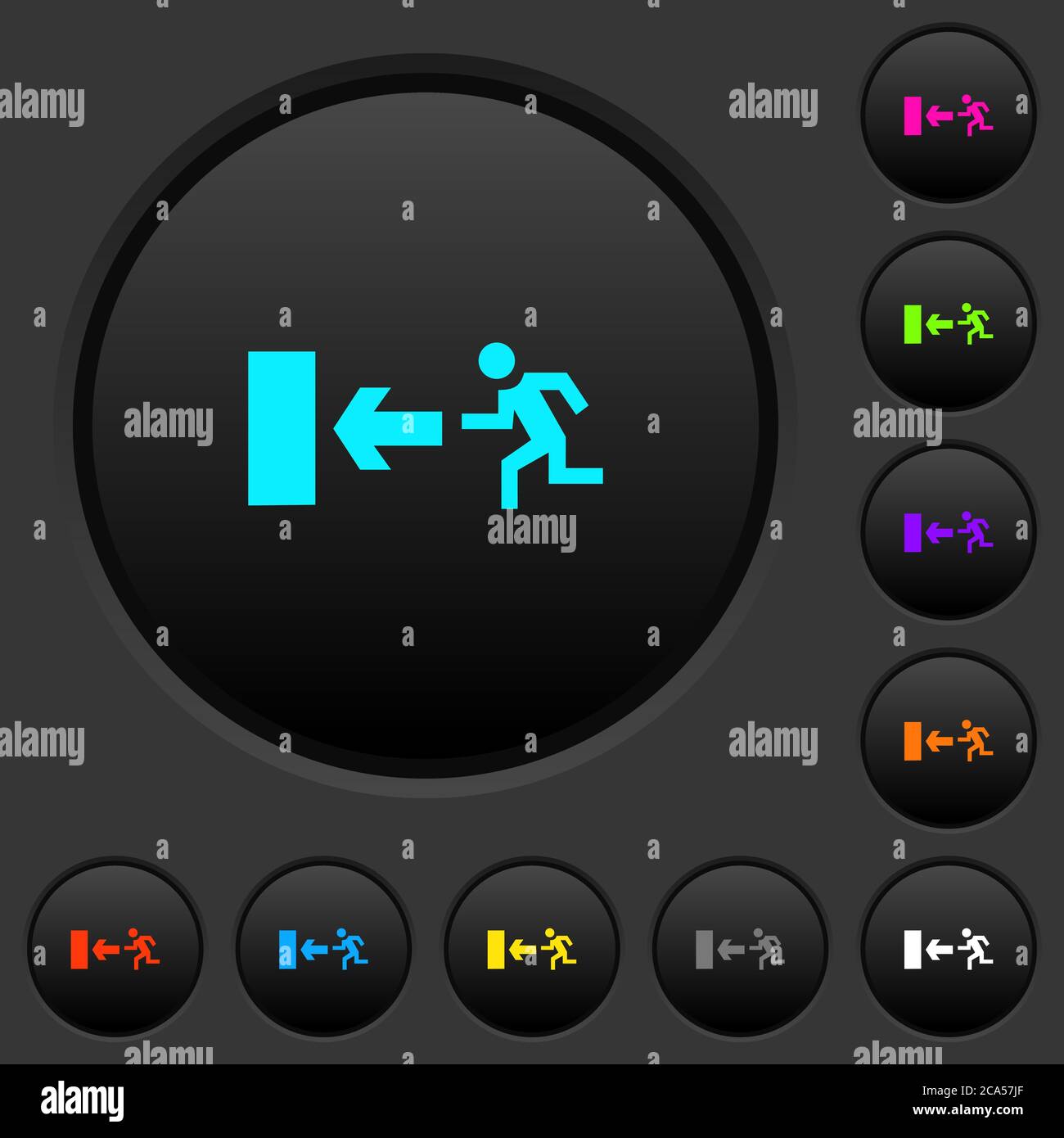 Exit sign dark push buttons with vivid color icons on dark grey ...