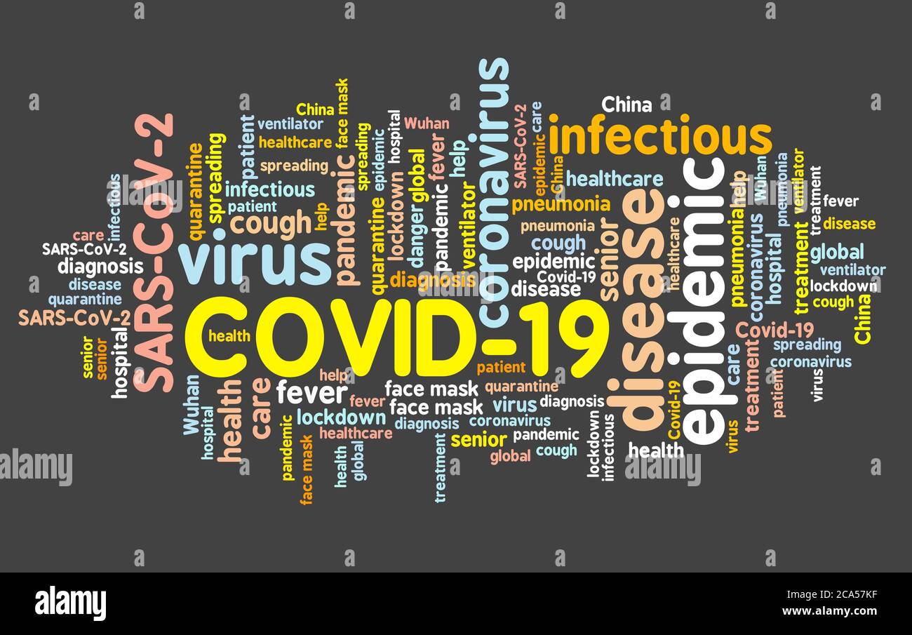 COVID-19 word cloud collage. Coronavirus pandemic words. Healthcare ...