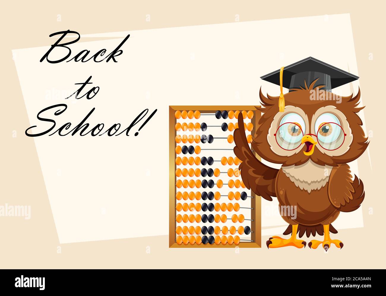 Back to school greeting card with cute wise owl standing near abacus ...