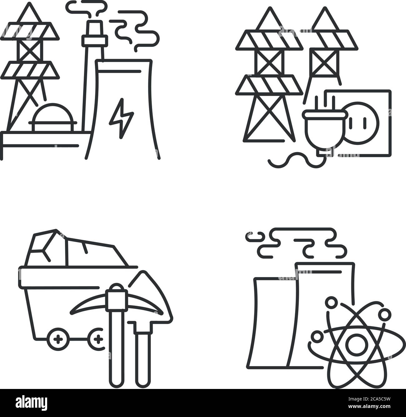 Energy manufacturing linear icons set. Electric power station, nuclear ...