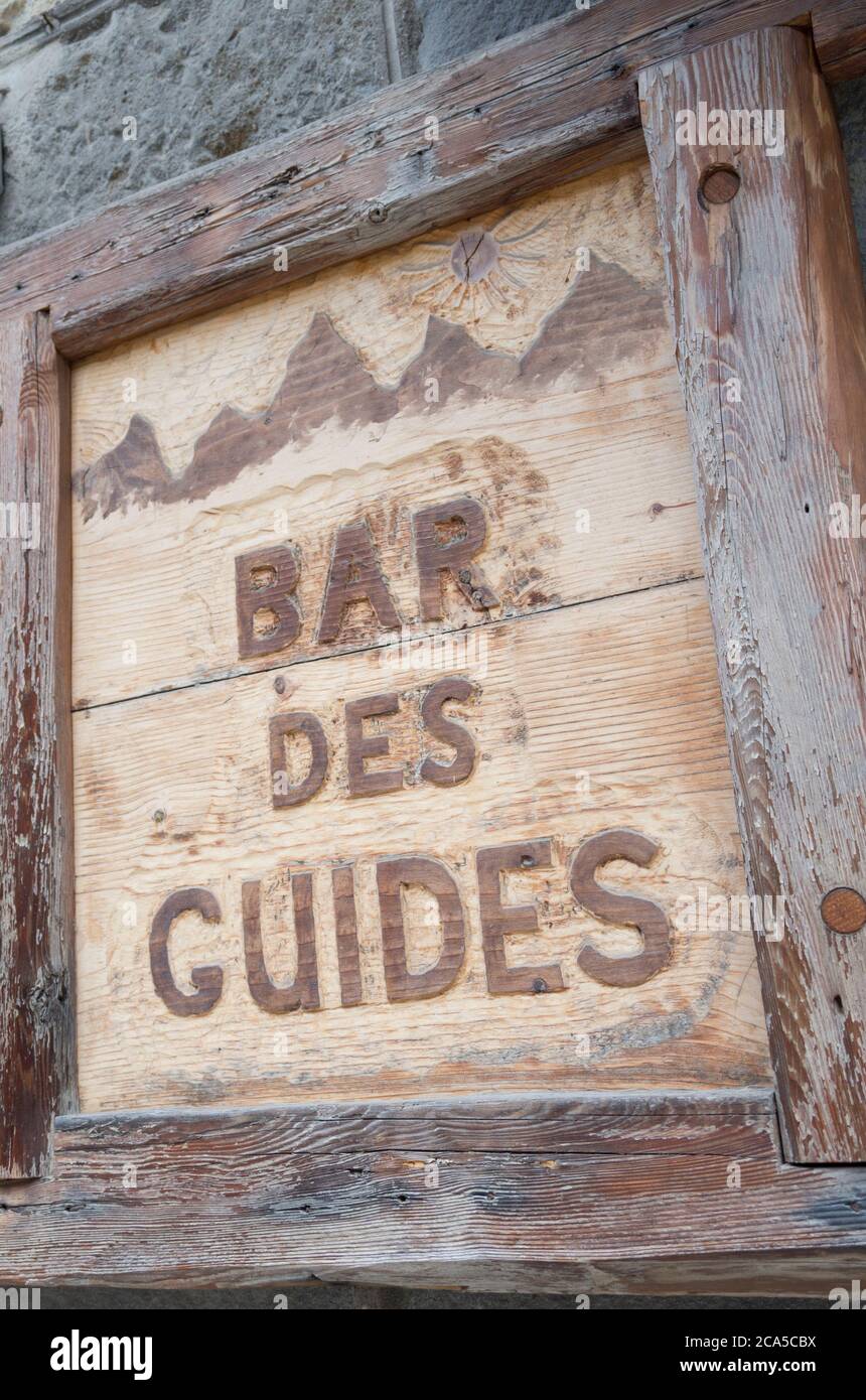 Switzerland, Vaud, Champ?ry, sign at the Bar des Guides Stock Photo - Alamy