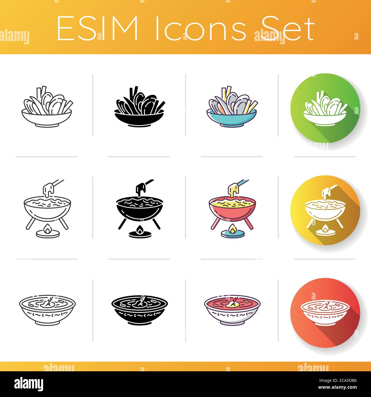 Traditional dish icons set. Mussels with fries. French cheese fondu ...
