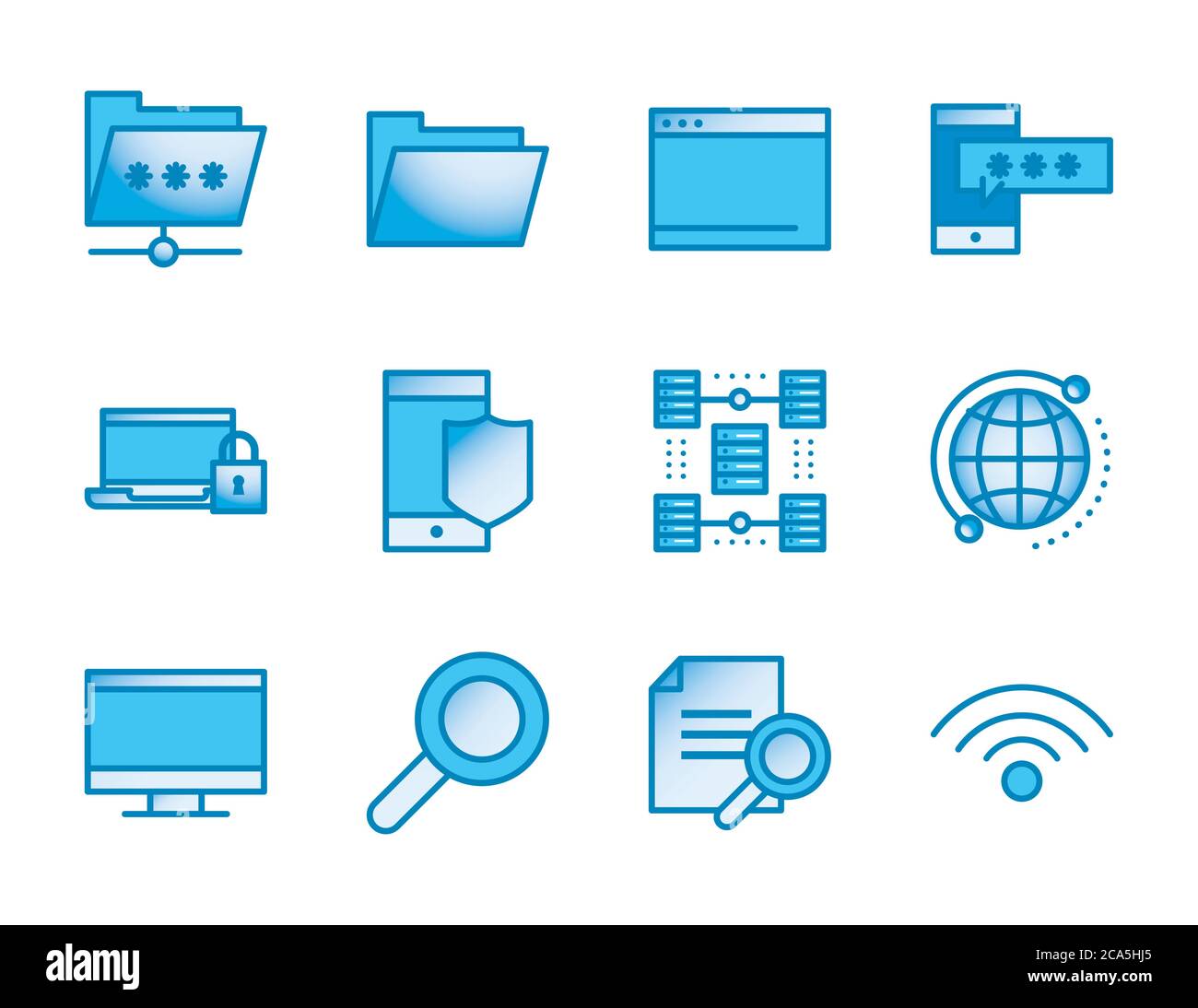 line and gradient style icon set design, Data center base security system hardware technology ...