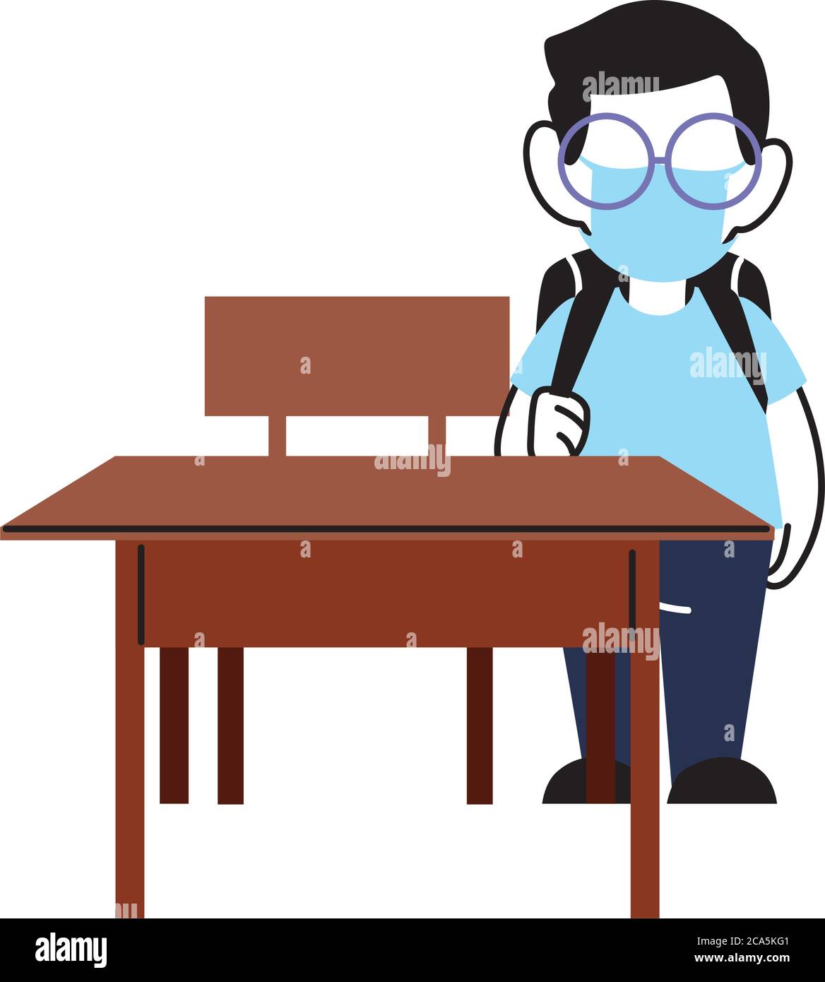 boy with face mask at school desk vector illustrarion design Stock ...
