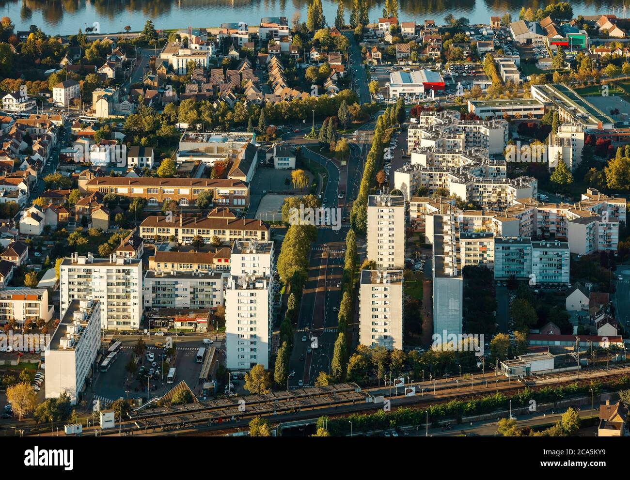 France, Yvelines, Les Mureaux, aerial view at sunset of the city ...