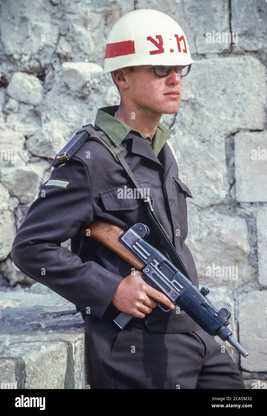 Jerusalem. Young Israeli Soldier Standing Guard Overlooking the Western ...