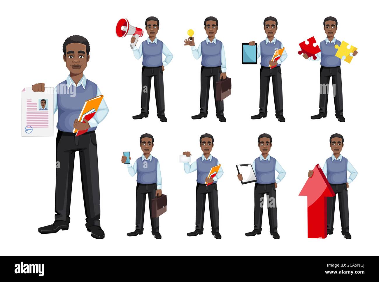 African American business man, set of nine poses. Cheerful handsome ...