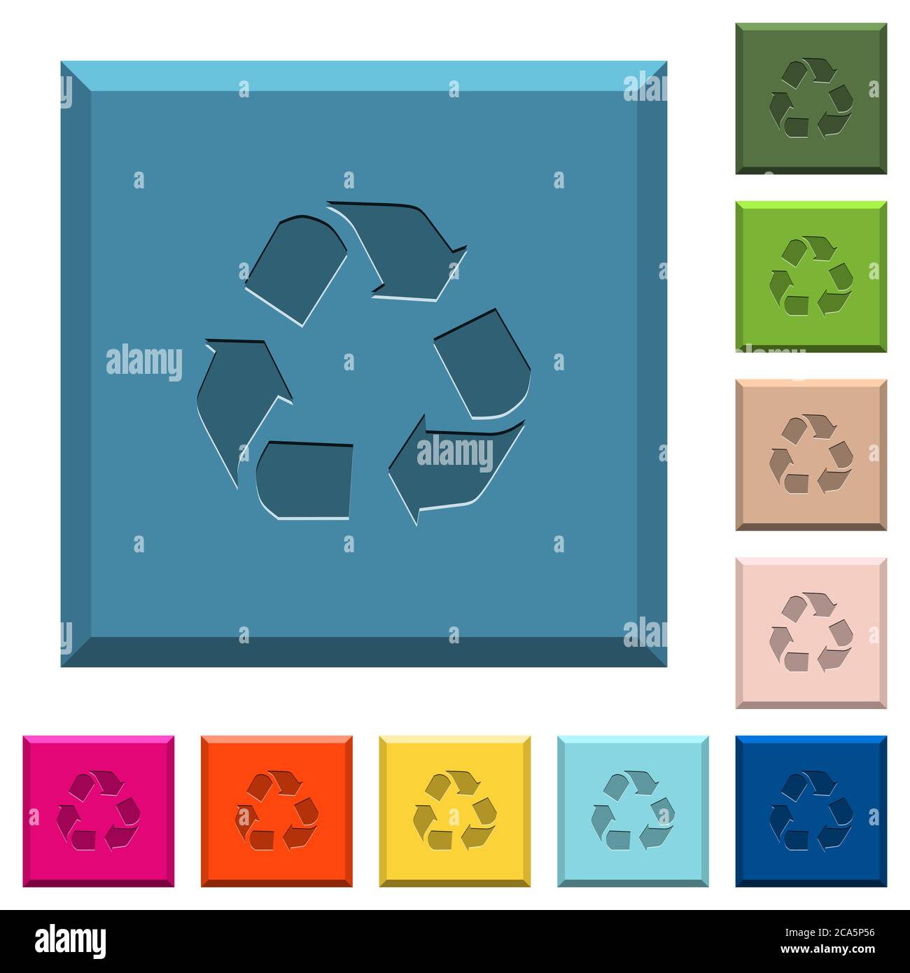 Recycling engraved icons on edged square buttons in various trendy ...