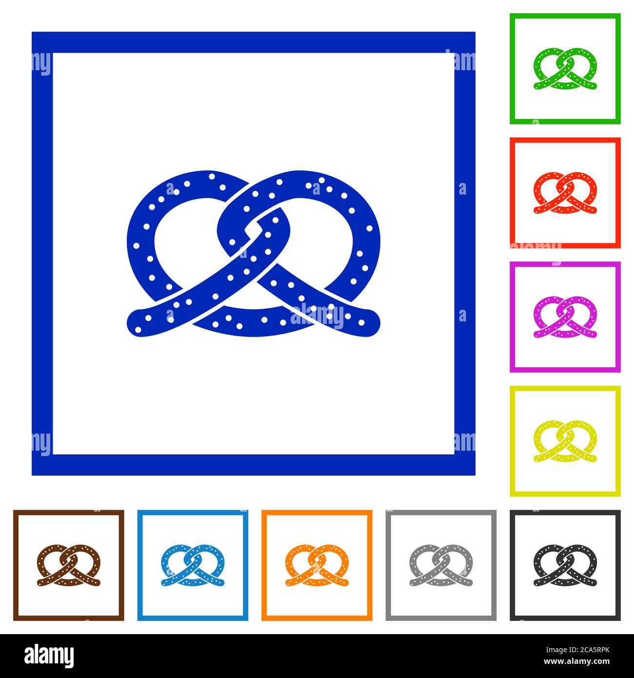 Salted pretzel flat color icons in square frames on white background ...