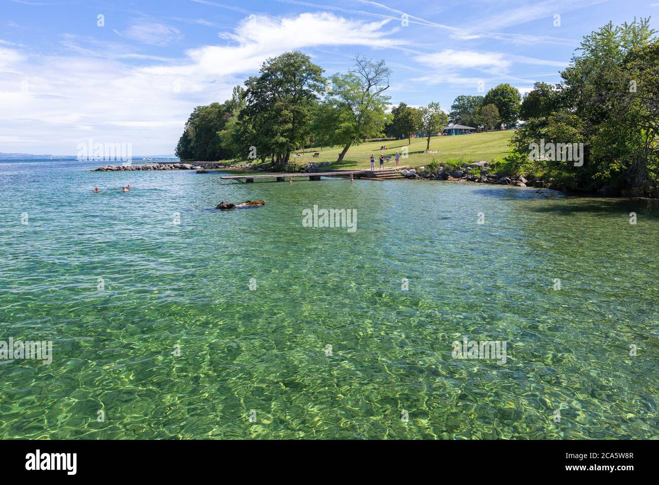 France, Haute Savoie, Chablais, Lake Geneva, the beach of Messery Stock ...