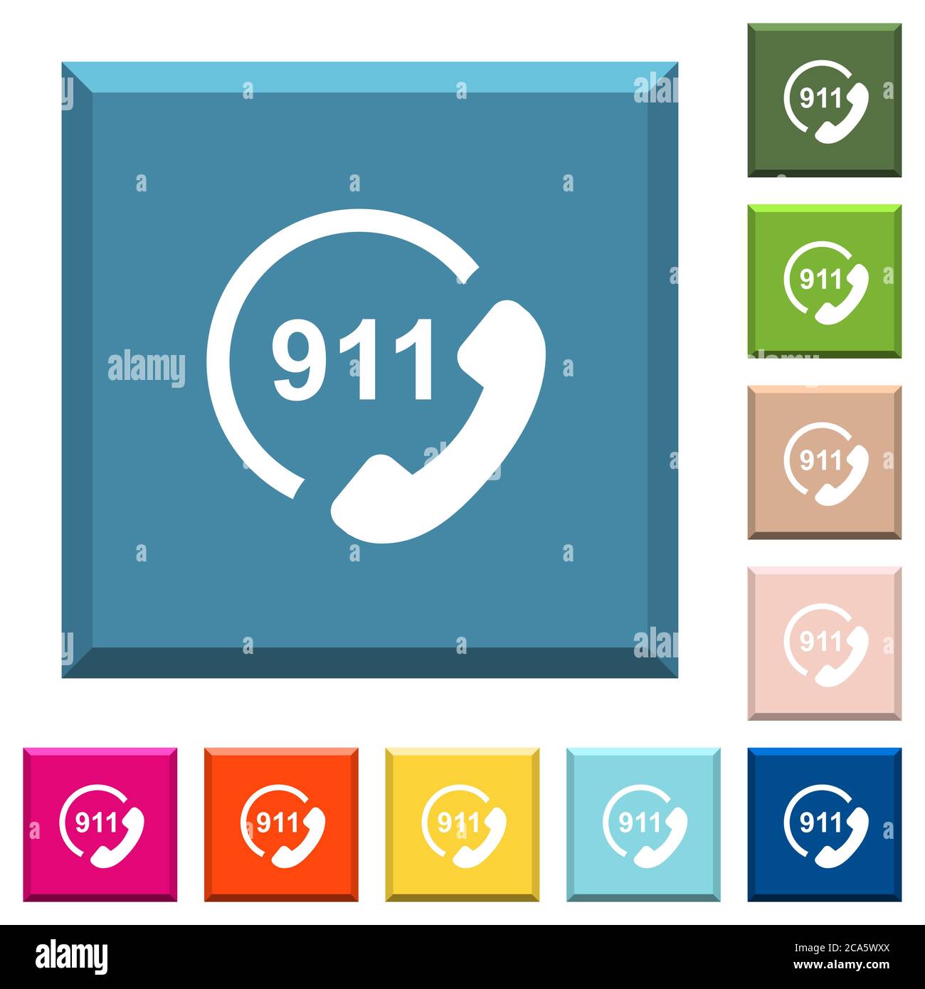 Emergency call 911 white icons on edged square buttons in various ...