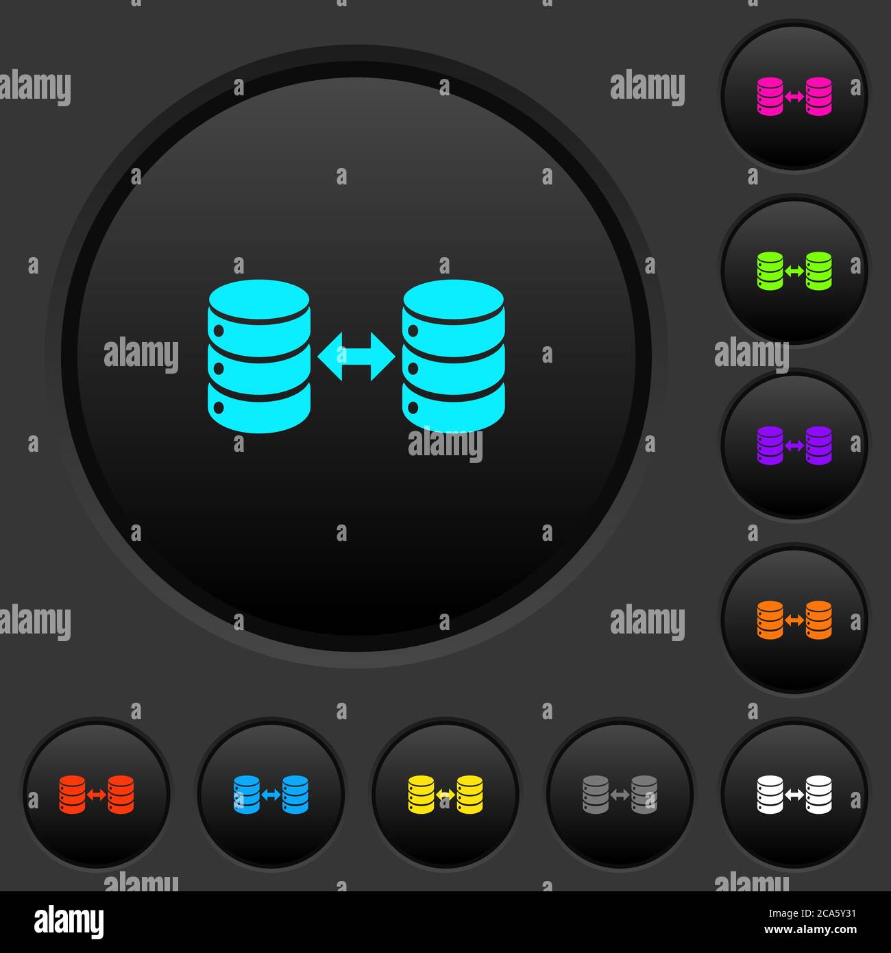 Syncronize databases dark push buttons with vivid color icons on dark grey background Stock ...