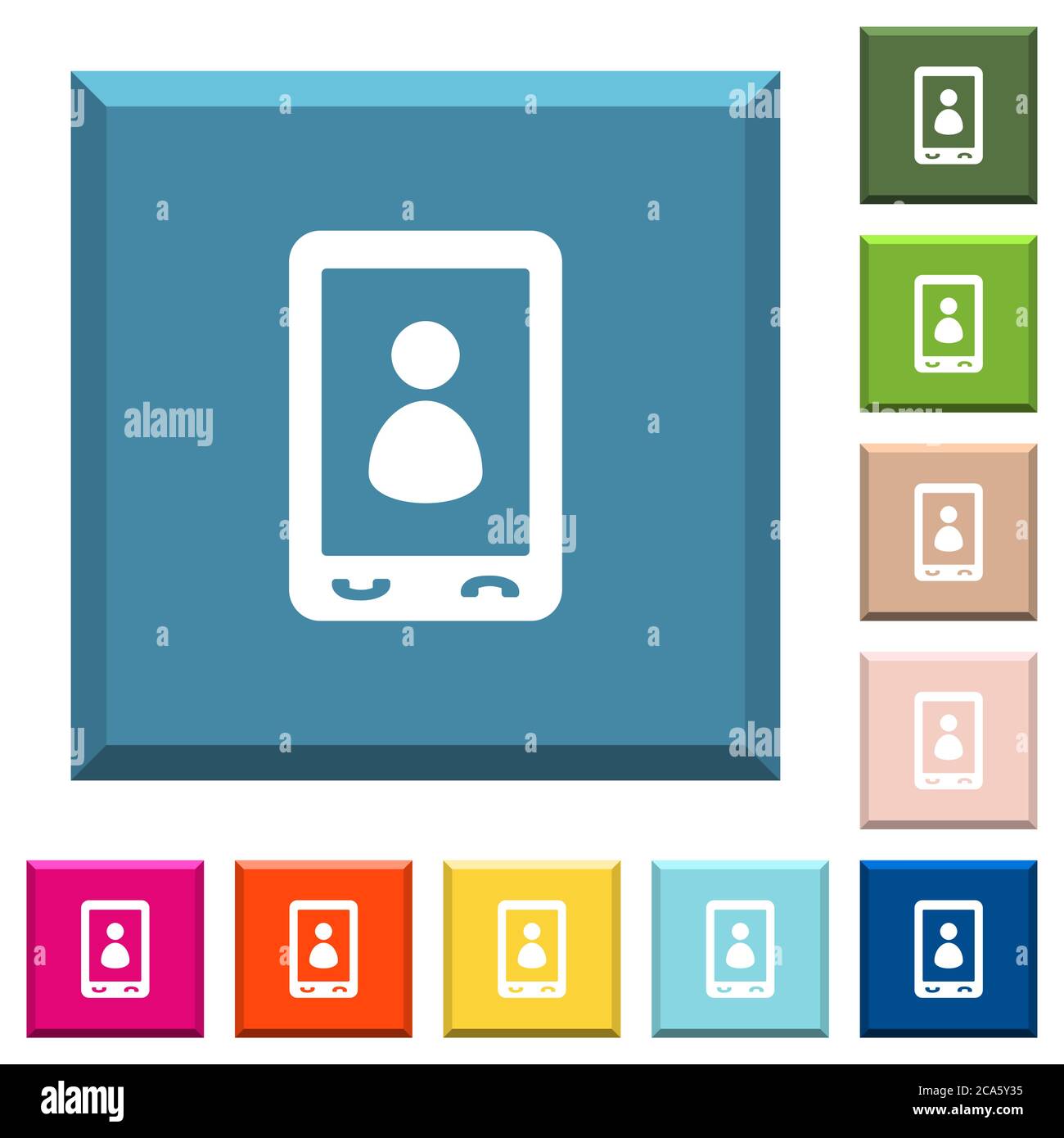 Mobile user profile white icons on edged square buttons in various ...