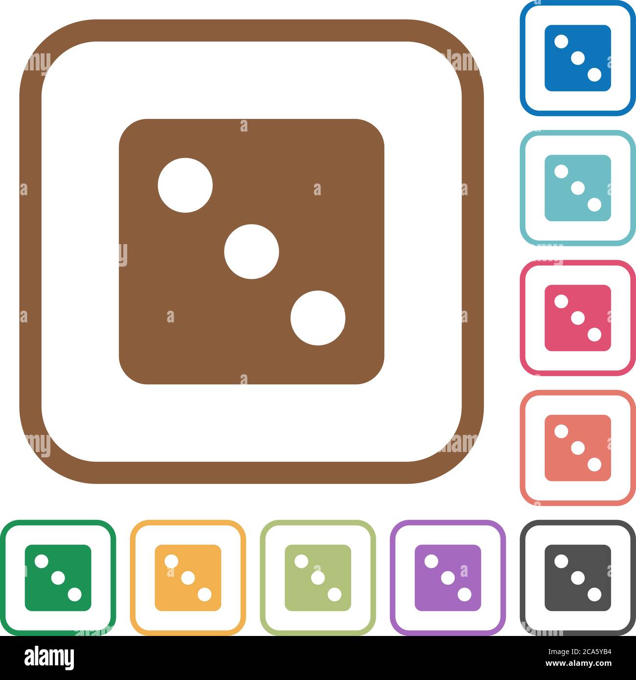 Dice three simple icons in color rounded square frames on white ...