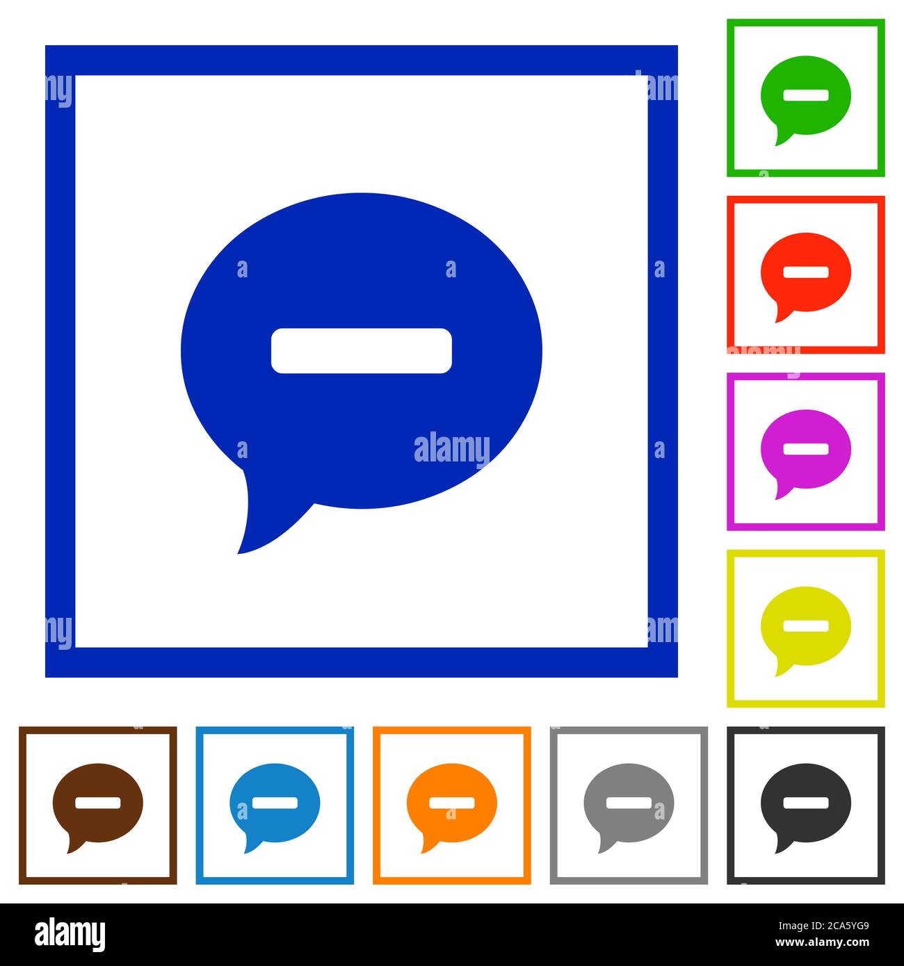 Delete comment flat color icons in square frames on white background ...