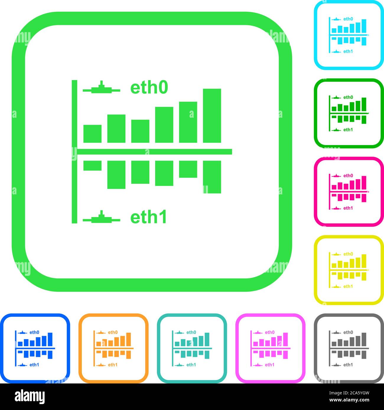 Network statistics vivid colored flat icons in curved borders on white ...
