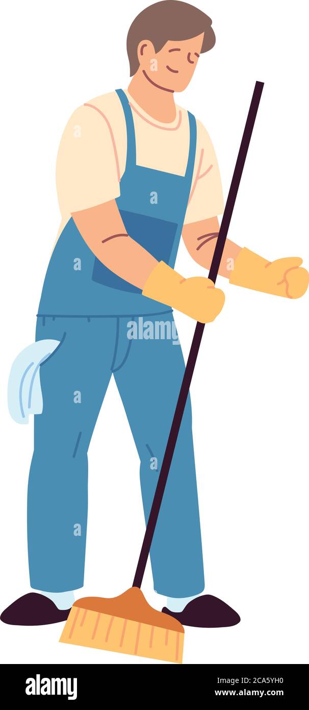 cleaning service man with gloves and cleaning utensils vector ...